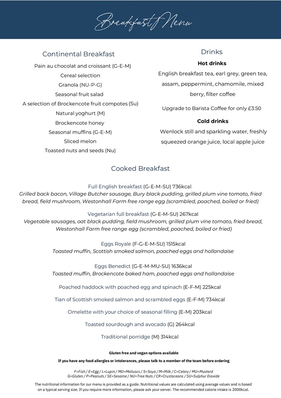 Brockencote Hall Hotel - breakfast menu