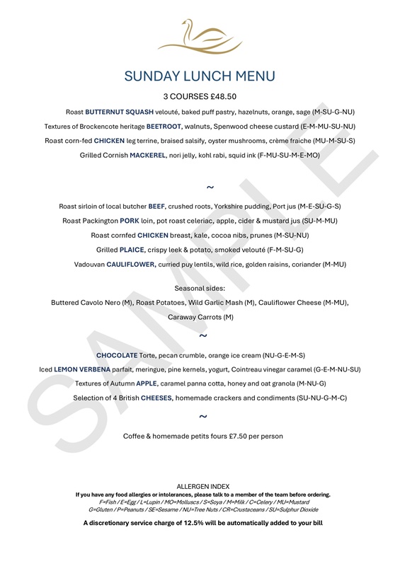Brockencote Hall Hotel - Sunday Lunch Menu