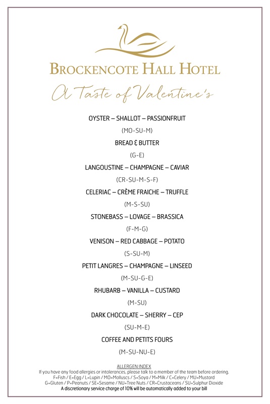 Brockencote Hall Hotel - Valentine's Menu