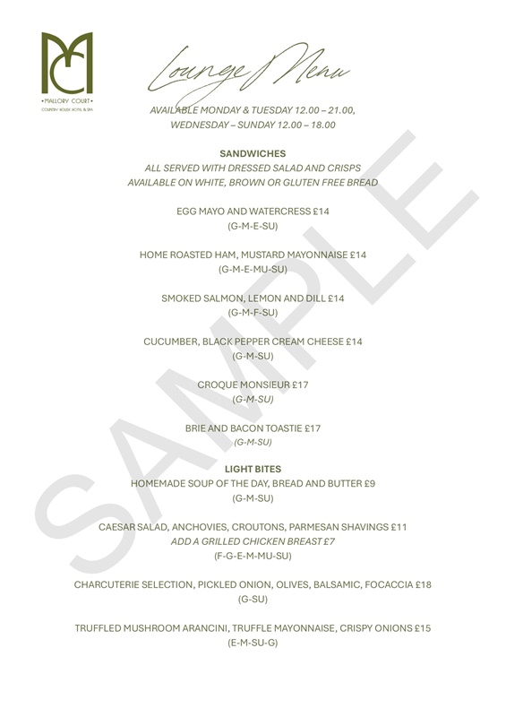 Mallory Court Hotel - Lounge-Menu