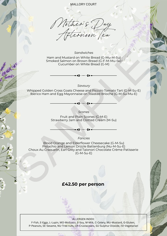 Mallory Court Hotel - Mother's Day menu