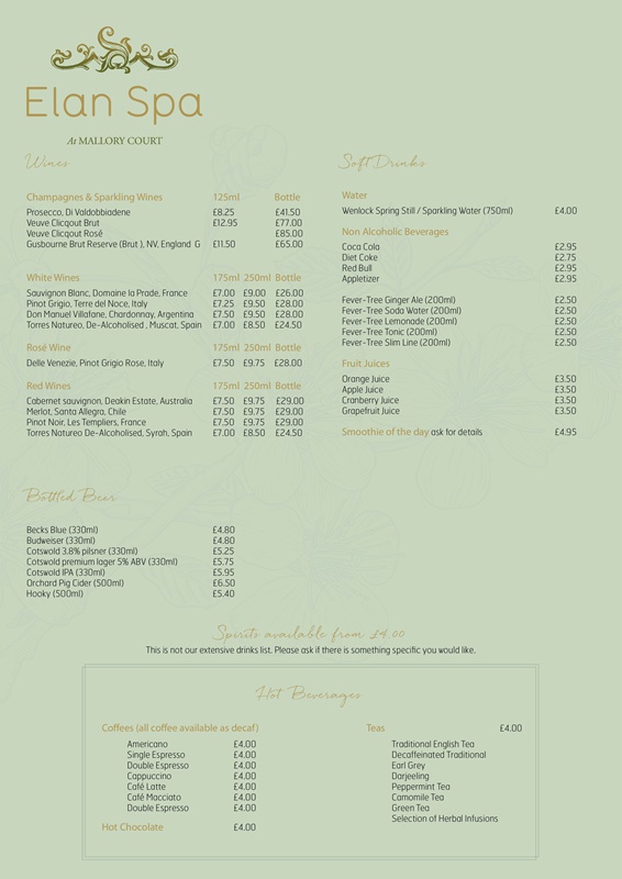 Mallory Court Hotel - Spa Cafe Menu