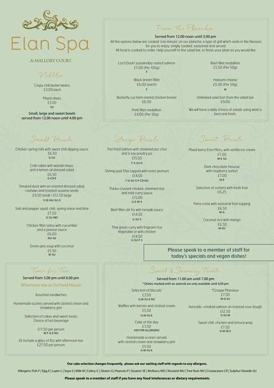 Mallory Court Hotel - Spa Cafe Menu