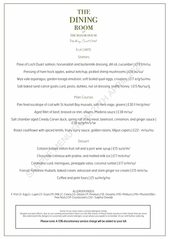 Mallory Court Hotel - Tastes of the Season menu
