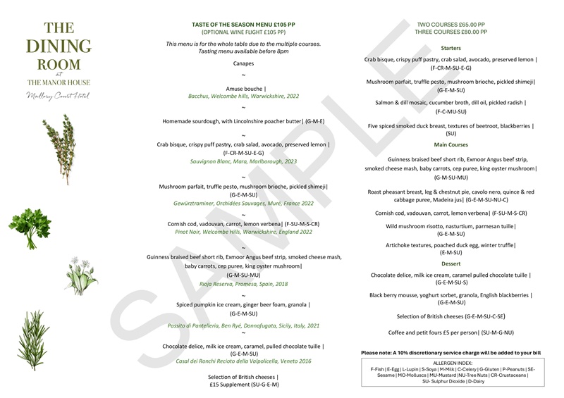 Mallory Court Hotel - Tastes of the Season menu
