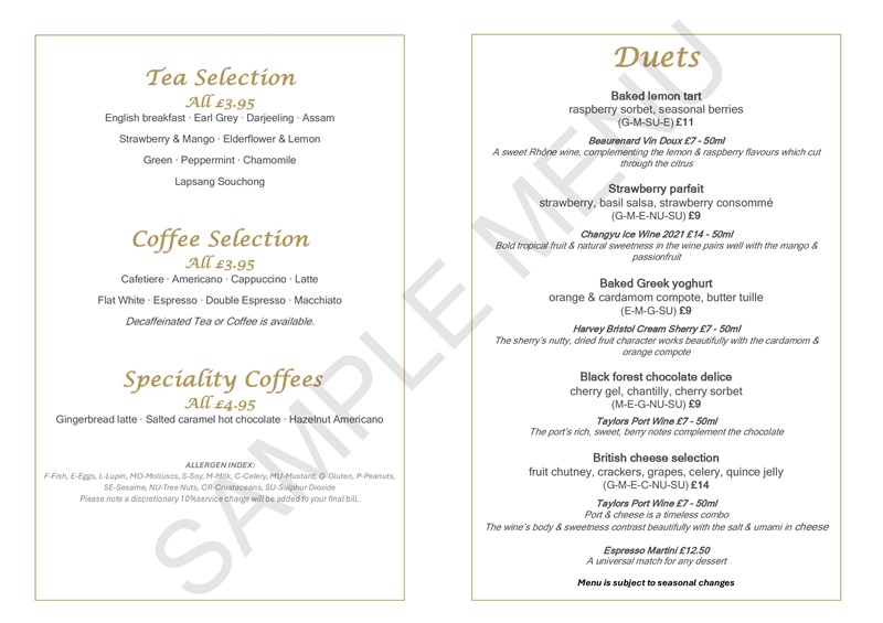 The Arden Hotel - Dessert Menu