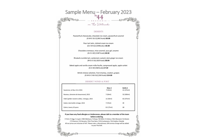 The Arden Hotel - Dessert Menu