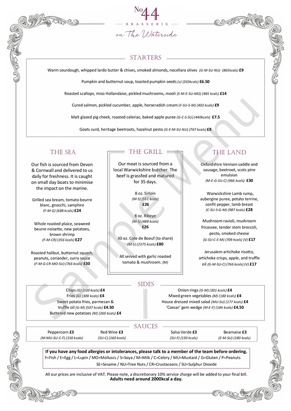 The Arden Hotel - dinner sample menu