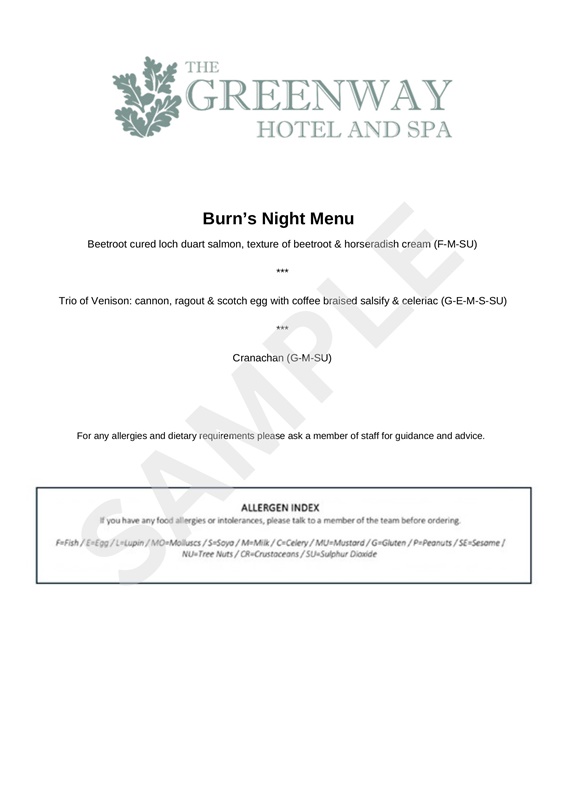 The Greenway Hotel - Burns Night Menu