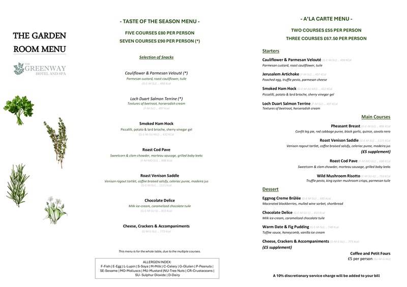 The Greenway Hotel - Garden Room Sample Menu