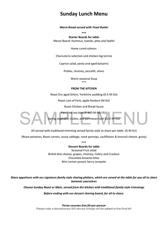 The Greenway Hotel - Sunday Lunch Menu