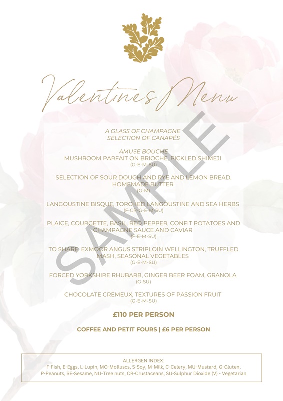 The Greenway Hotel - Valentine's Menu 2026