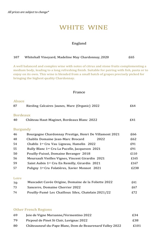 The Greenway Hotel - Wine List